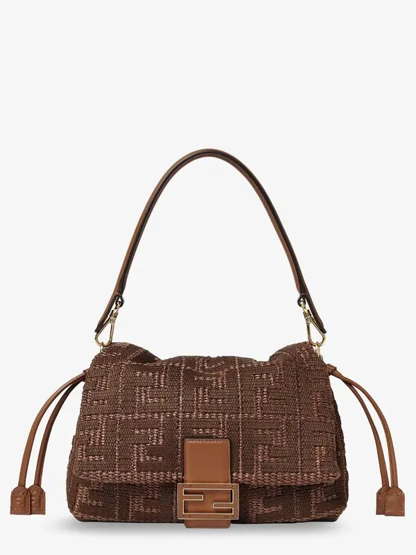 Fendi Mamma Baguette Medium Raffia Handbag With Ff Embroidery