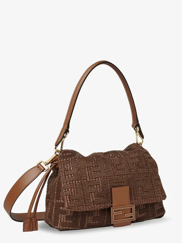 Fendi Mamma Baguette Medium Raffia Handbag With Ff Embroidery - Multicolor