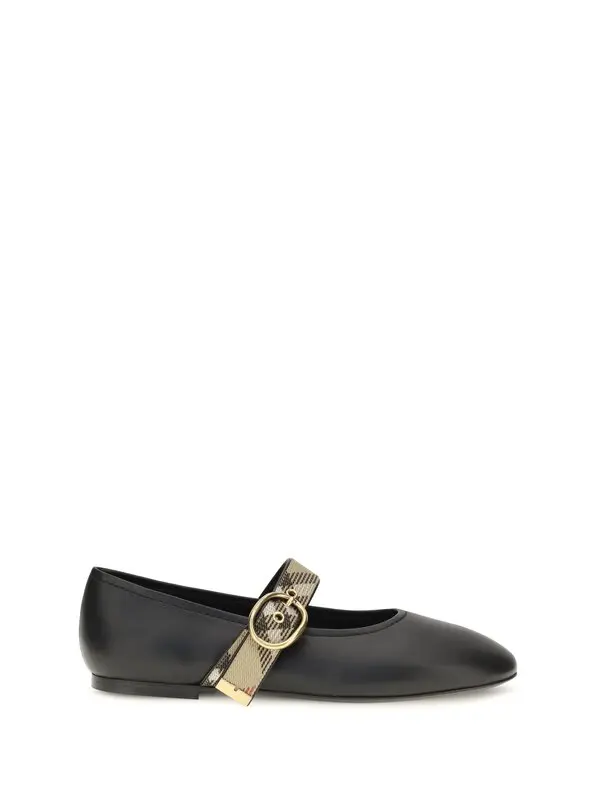 Burberry Robin Leather Ballerinas With Check Strap - Black