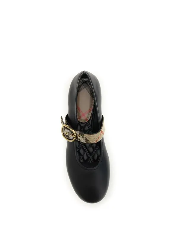 Burberry Robin Leather Ballerinas With Check Strap - Black