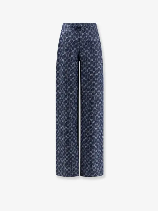 Gucci Cotton Denim Trousers With Gg Motif - Blue