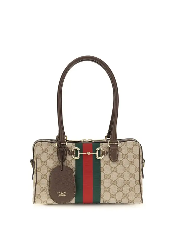Gucci Horsebit Shoulder Bag In Gg Canvas And Leather - Cream