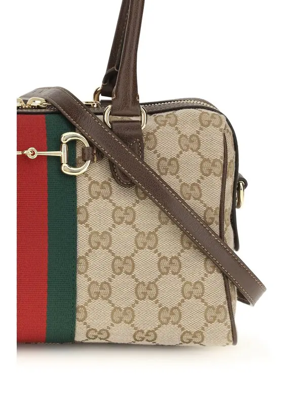 Gucci Horsebit Shoulder Bag In Gg Canvas And Leather - Cream