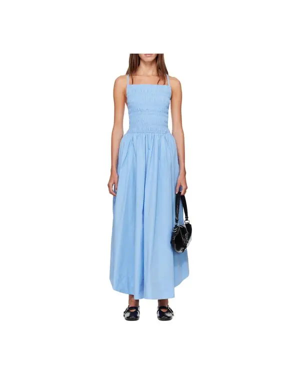 GANNI Compact Poplin Long Smocked Dress - Blue