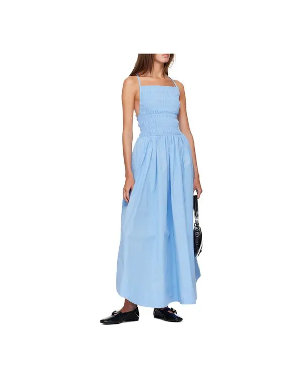 GANNI Compact Poplin Long Smocked Dress - Blue