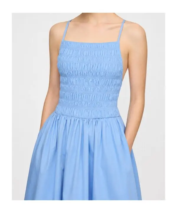 GANNI Compact Poplin Long Smocked Dress - Blue