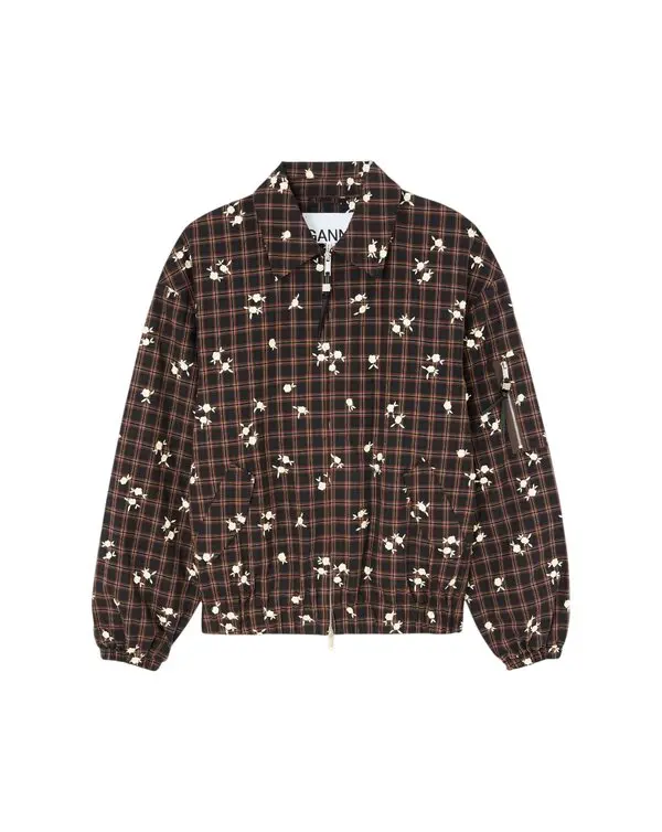 GANNI Checked Printed Zip-up Bomber Jacket - Black