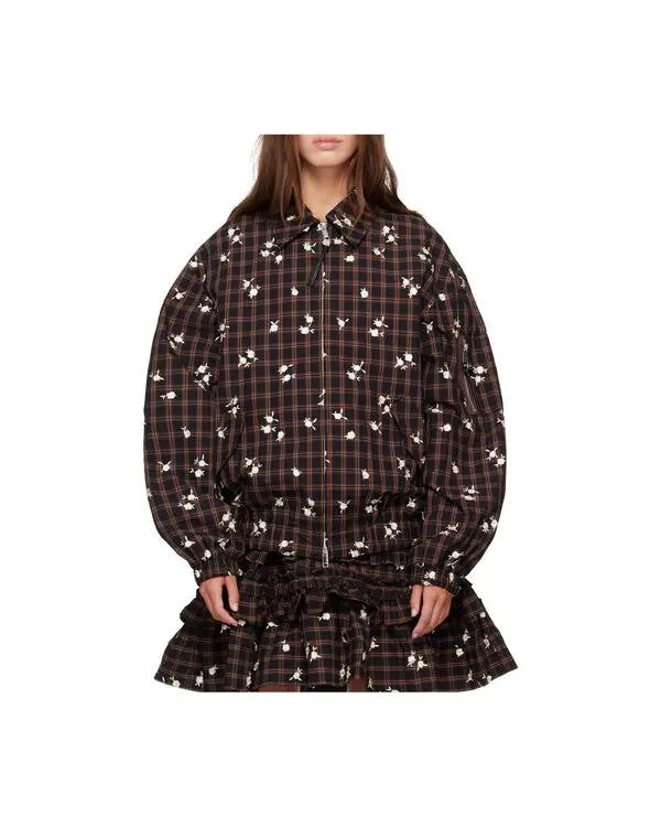 GANNI Checked Printed Zip-up Bomber Jacket - Black