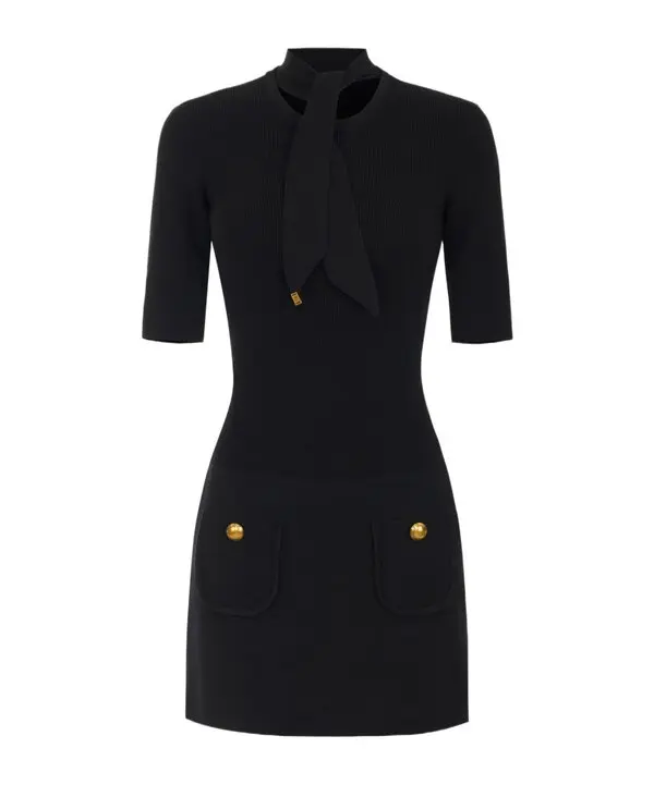 Elisabetta Franchi Ribbed Knit Mini Dress With Tie-neck Sash - Black