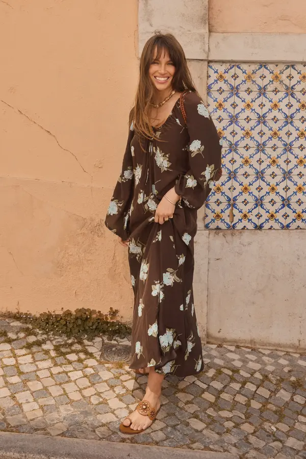 Rixo Lianne Peonies Scatter Dress - Brown