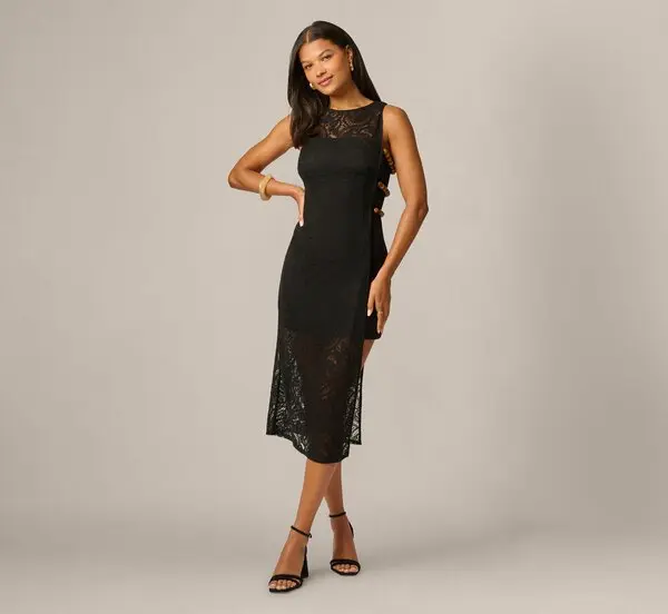 Adrianna Papell Lace Illusion Asymmetrical Wooden Bead Midi Dress - Black