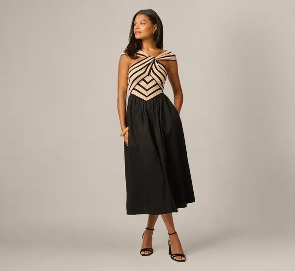 Adrianna Papell Off Shoulder Chevron Knit And Cotton Midi Dress - Black/ecru