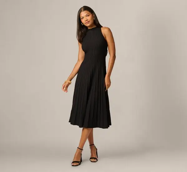 Adrianna Papell Rib Knit Cutout A Line Midi Dress - Black