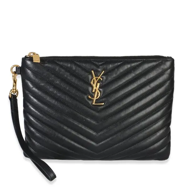 Saint Laurent Matelasse Chevron Calfskin Monogram Pouch - Black