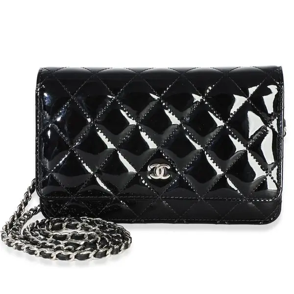 Chanel Quilted Patent Classic Wallet On Chain - Black
