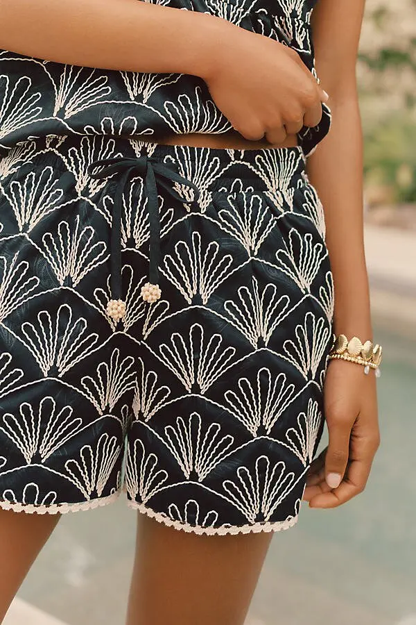 English Factory Embroidered Drawstring Shorts - Black & White Pattern