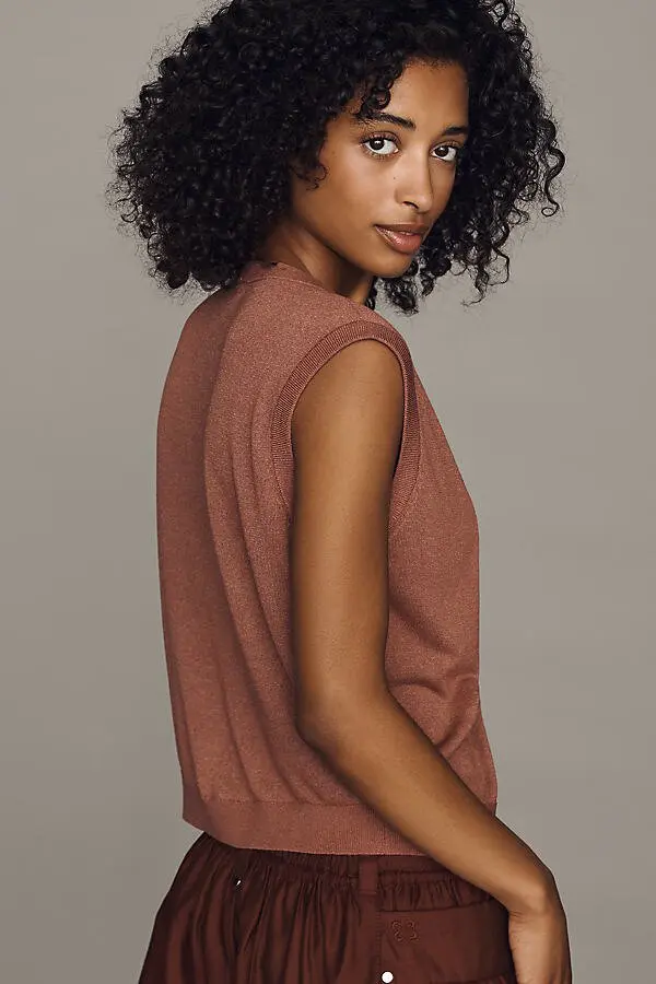 Anthropologie Crocheted Lace Neckline Sleeveless Knit Top - Mocha