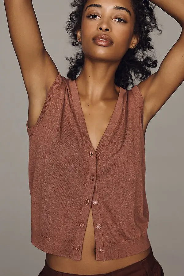 Anthropologie Crocheted Lace Neckline Sleeveless Knit Top - Mocha