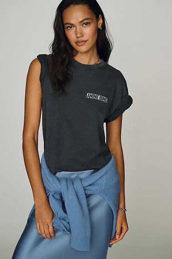 ANINE BING Cade Palm Cotton T-shirt Top - Black