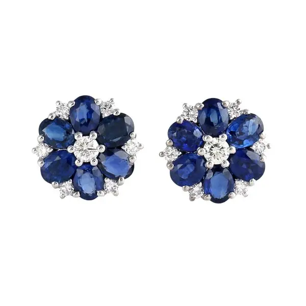 ARTISAN White / Blue 18k White Gold Oval Sapphire & Diamond Flower Stud Earrings