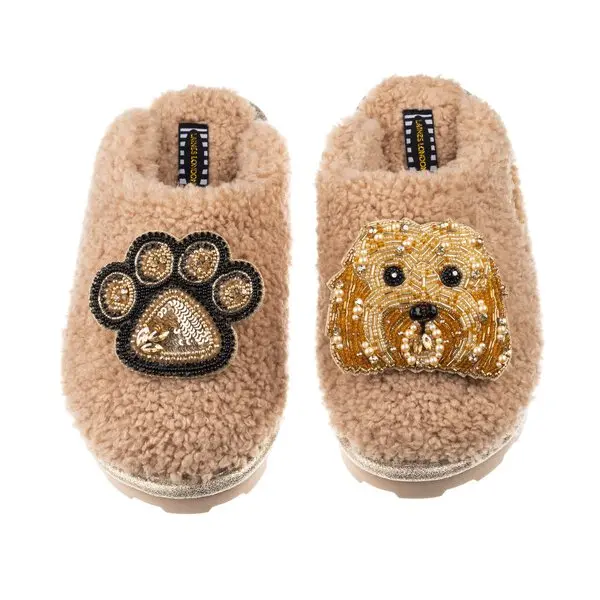 LAINES LONDON Teddy Towelling Slippers With Enki Doo The Cockapoo & Paw Brooch - Brown