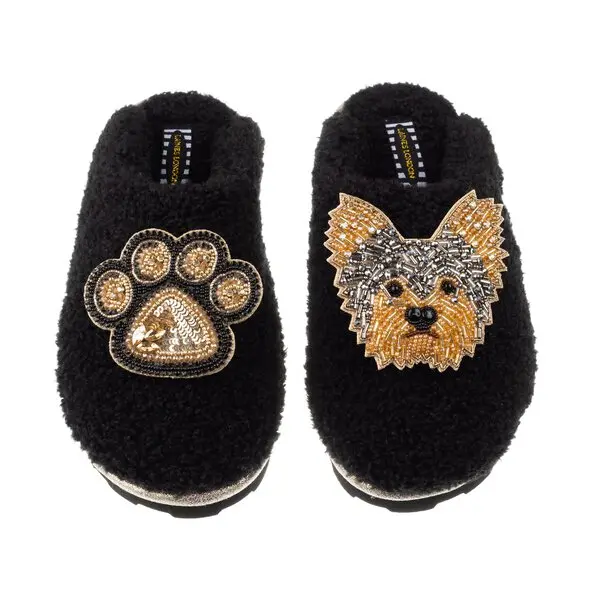 LAINES LONDON Teddy Towelling Closed Toe Slippers With Minnie Yorkie & Paw Brooches - Black