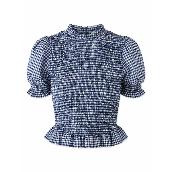 MIND TRAVELER Navy Gingham Smocked Lea Crop Top