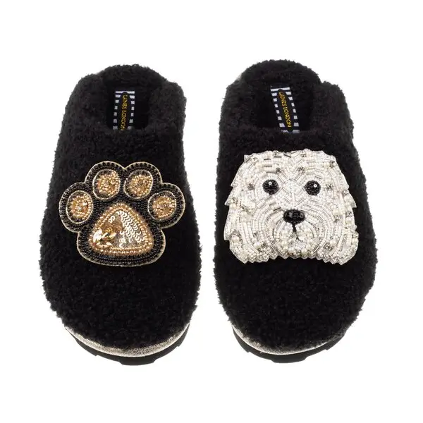LAINES LONDON Teddy Towelling Closed Toe Slippers With Bichon Frise & Paw Brooch - Black