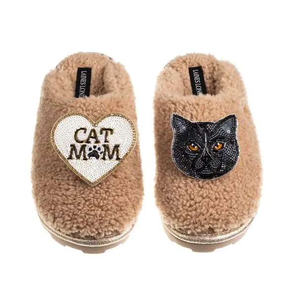 LAINES LONDON Neutrals Teddy Closed Toe Slippers With Cat Mum/mom & Black British Shorthair Brooches Toffee - Brown