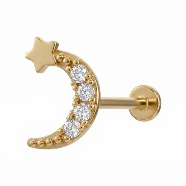ZAHAV JEWELRY 14k Yellow Moon And Star Cubic Zirconia Flat Back Stud