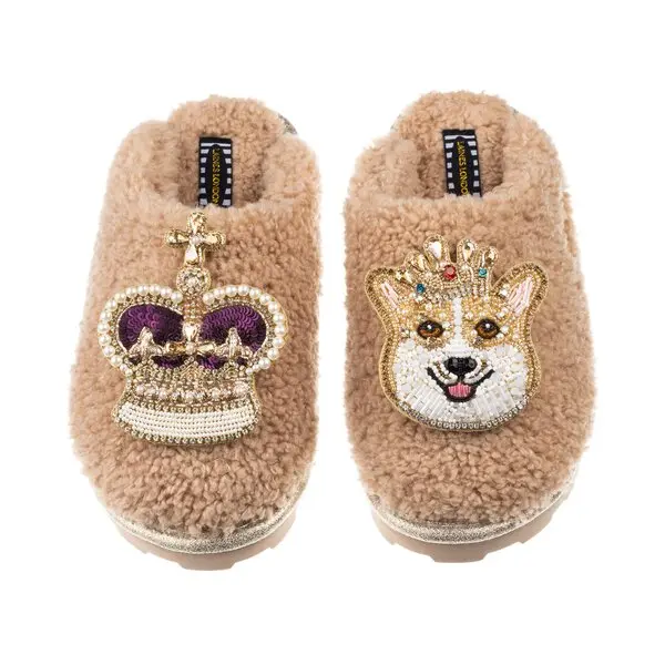 LAINES LONDON Teddy Towelling Closed Toe Slippers With Sandy The Corgi & Royal Crown Brooches Toffee - Brown