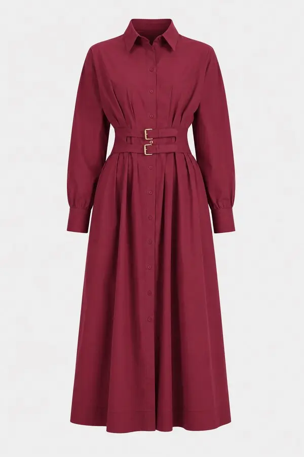EXQUISE Belted Fitted Waist Midi Shirt Dress – Burgundy - Red