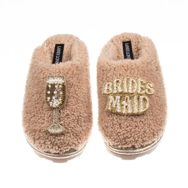 LAINES LONDON Teddy Towelling Closed Toe Slippers With Embellished Detail - Brown