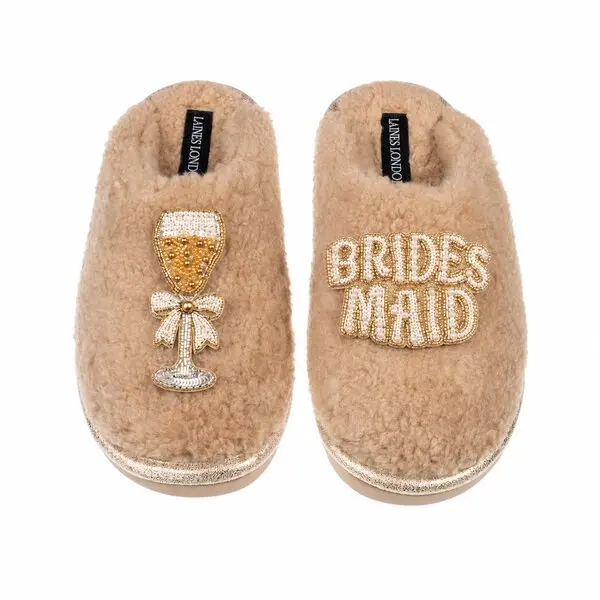 LAINES LONDON Neutrals Teddy Closed Toe Slippers With Bridesmaid Brooches Toffee - Brown