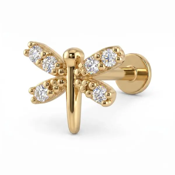 ZAHAV JEWELRY 14k Solid Yellow Dragonfly Stud With Cubic Zirconia