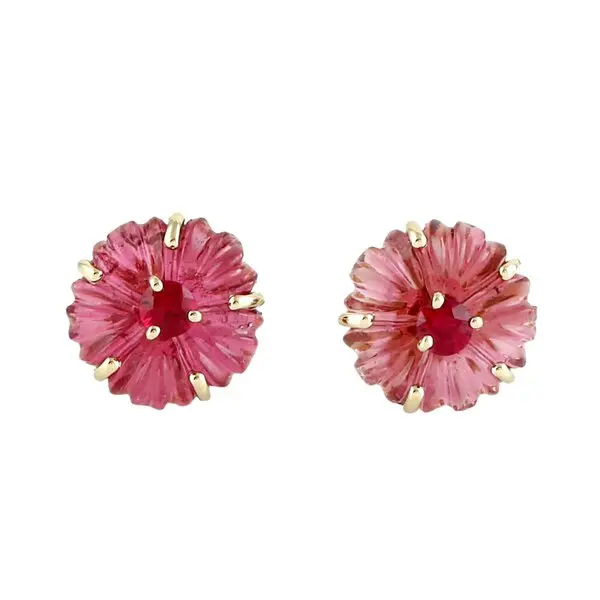 ARTISAN 14k Yellow Gold Carved Tourmaline & Ruby Flower Stud Earrings - Pink
