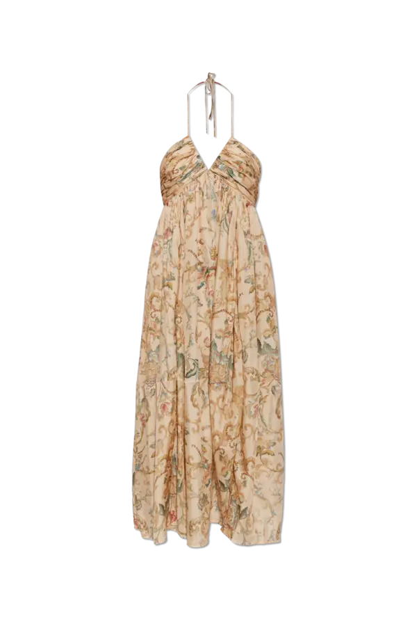 Zimmermann Silk Maxi Dress With Floral Motif - Beige