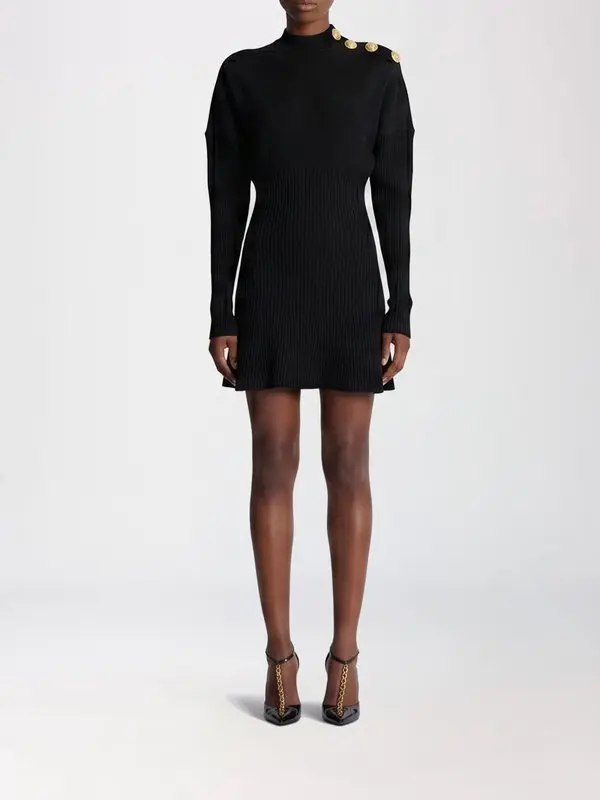 Balmain Ribbed High Neck Mini Dress With Button Detail