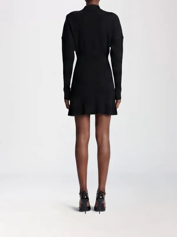 Balmain Ribbed High Neck Mini Dress With Button Detail