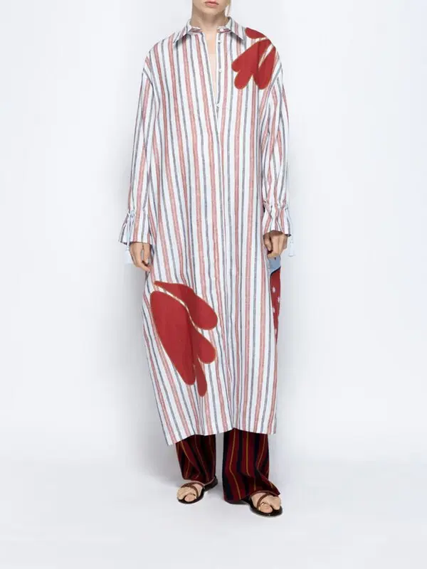 PAULA Linen Striped Embroidered Midi Shirtdress