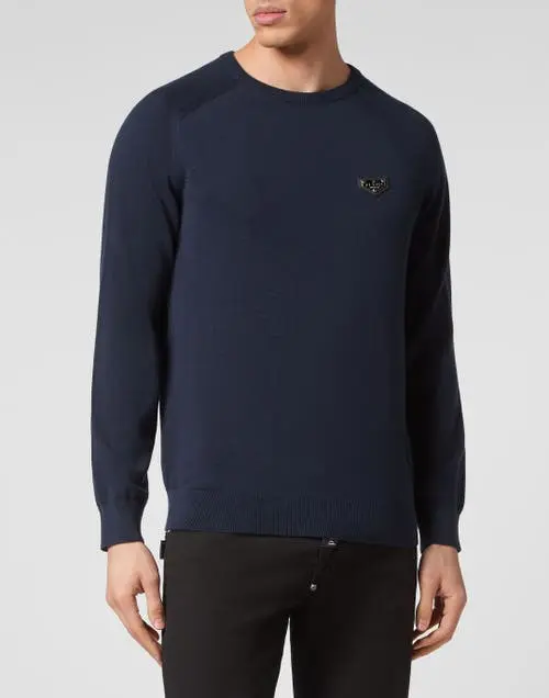 Philipp Plein Round Neck Long Sleeve Wool Pullover - Navy