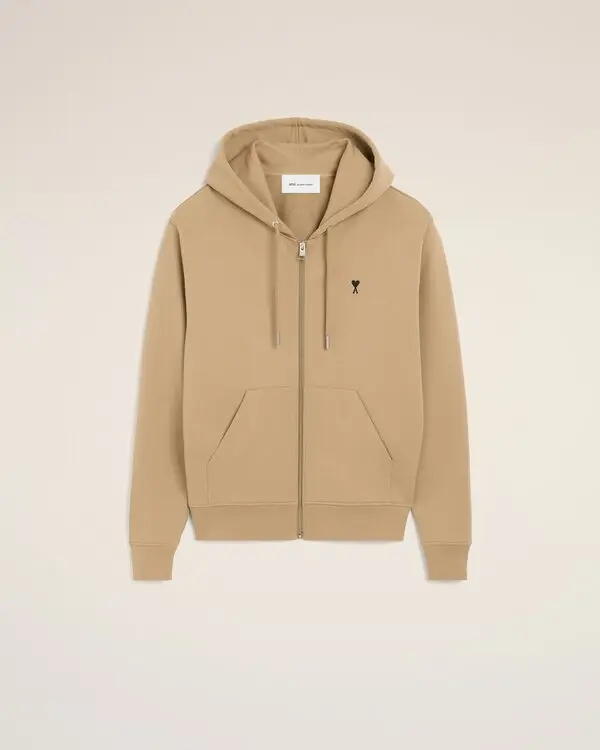 AMI Paris Zip Up Cotton Hoodie With Embroidered De Coeur Logo - Mastic Beige/black