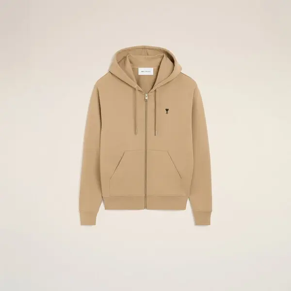 AMI Paris Zip Up Cotton Hoodie With Embroidered De Coeur Logo - Mastic Beige/black
