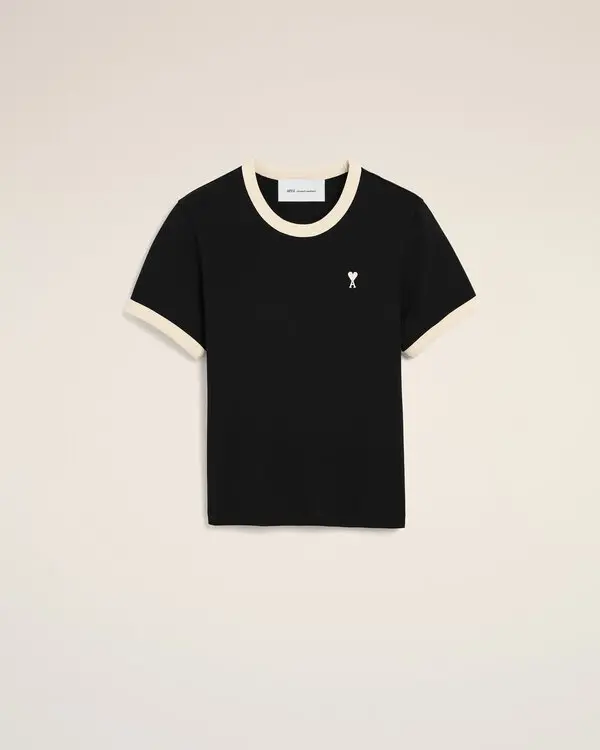 AMI Paris Black Contrasted Cotton T-shirt With De Coeur Black - Black/ivory