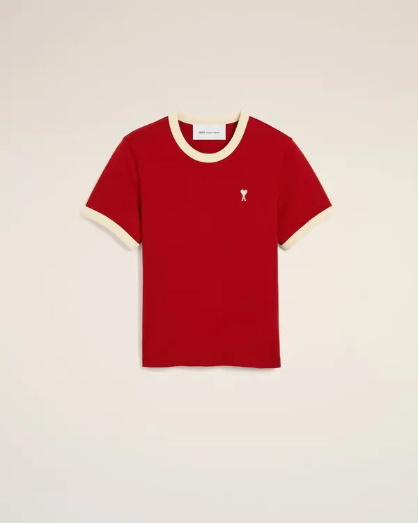 AMI Paris Red Contrasted Cotton T-shirt With De Coeur Embroidery - Ruby Red/ivory
