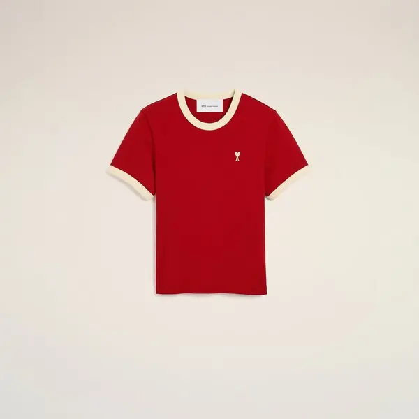 AMI Paris Red Contrasted Cotton T-shirt With De Coeur Embroidery - Ruby Red/ivory