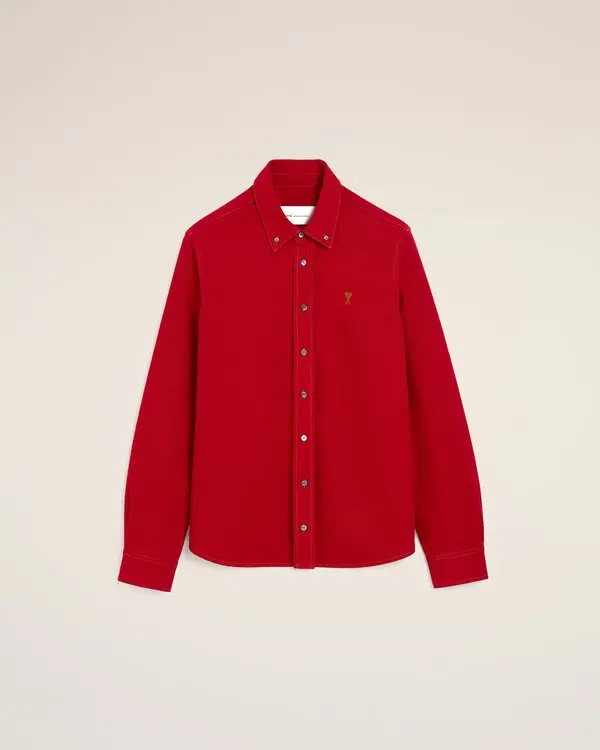 AMI Paris Red Cotton Shirt With De Coeur Embroidery - Ruby Red