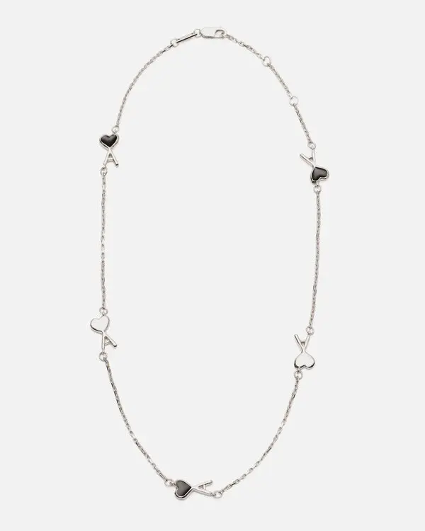 AMI Paris Silver Brass Necklace With Hammered De Coeur Motif - Silver/black/cream