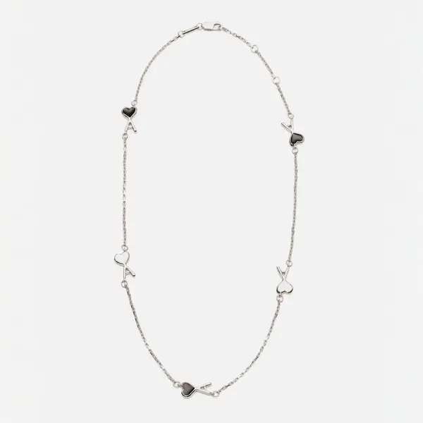 AMI Paris Silver Brass Necklace With Hammered De Coeur Motif - Silver/black/cream