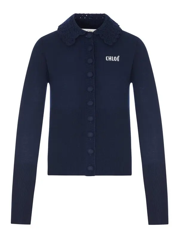 Chloé Fitted Wool Knit Cardigan With Guipure Collar - Multicolor